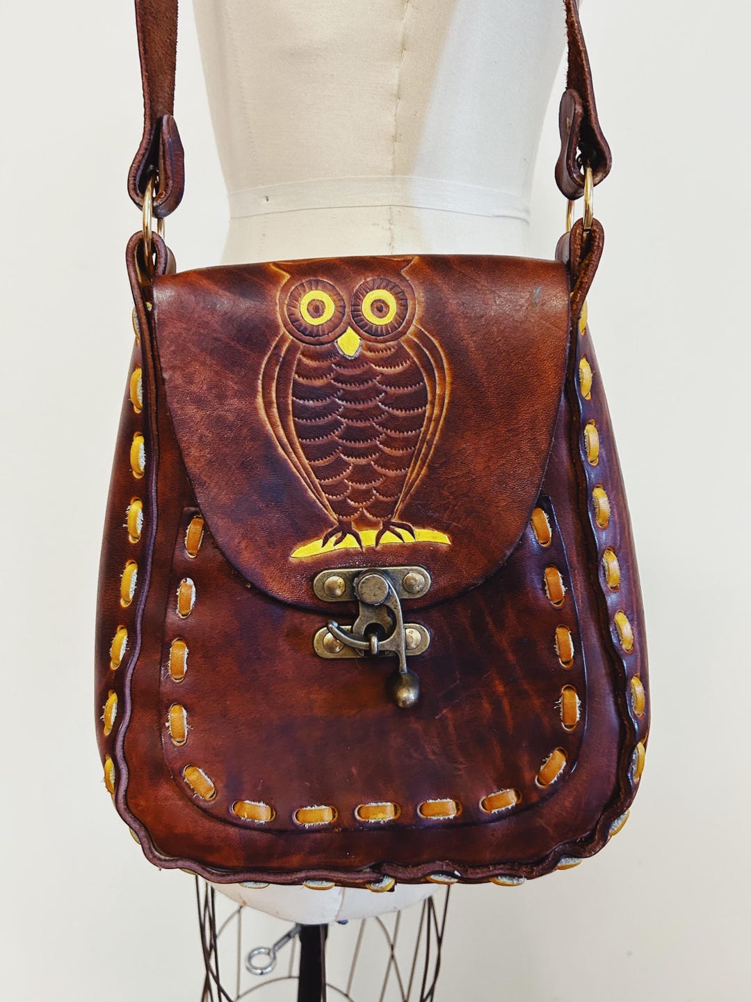 Vintage 1970s Hand Tooled Leather Owl Purse Boho Hippie Shoulder Bag ...