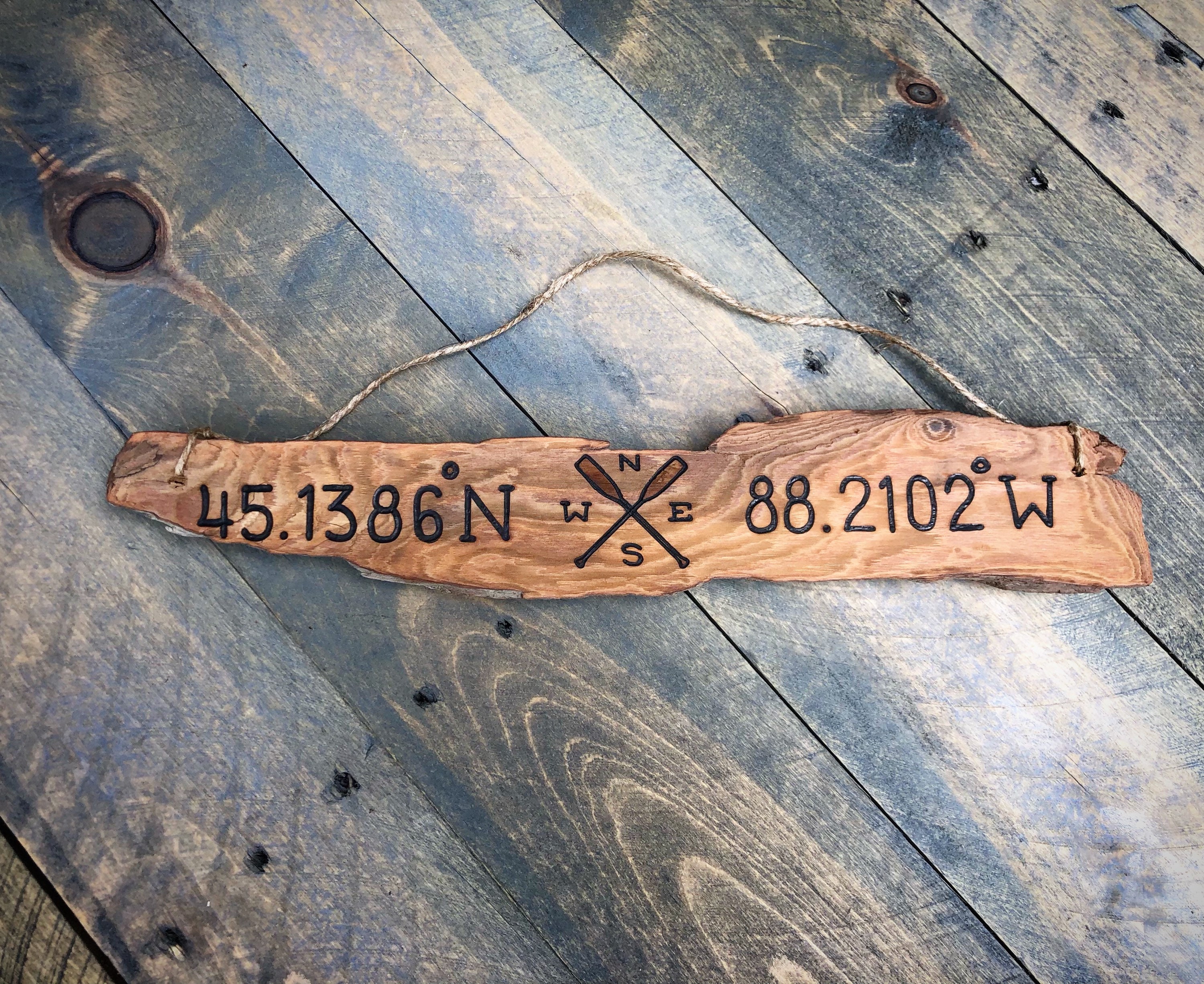 Outdoorsy Coordinates Sign | Driftwood Camping Rustic River Cabin Wall ...