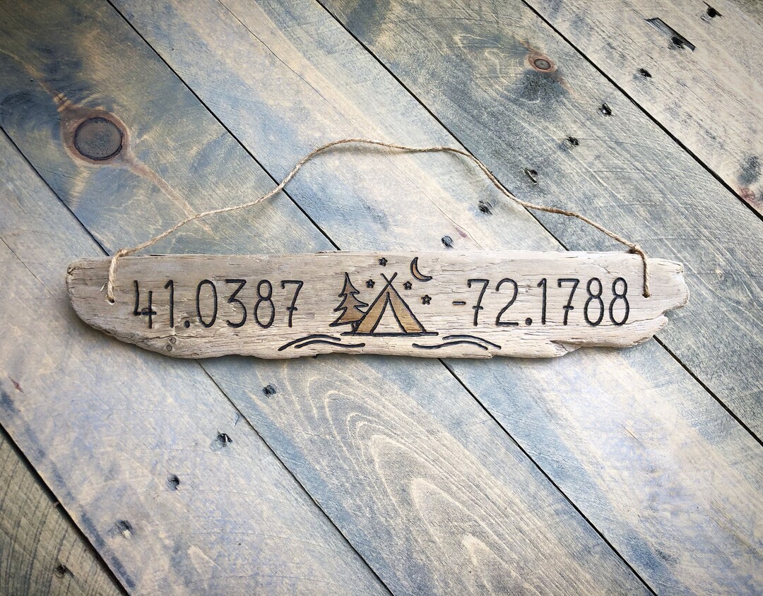Outdoorsy Coordinates Sign | Driftwood Camping Rustic River Cabin Wall ...