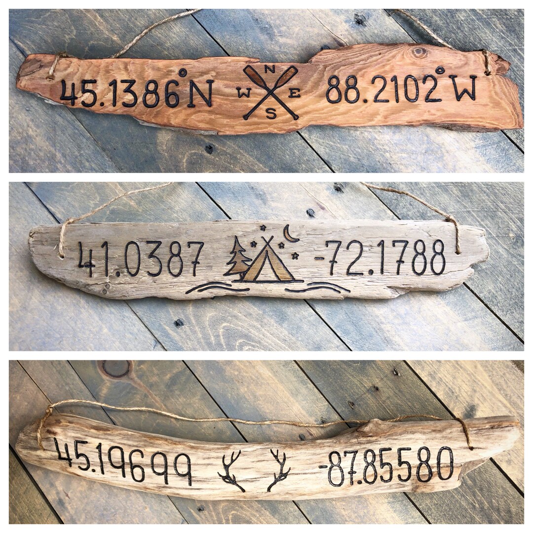 Outdoorsy Coordinates Sign Driftwood Fishing, Hunting, Kayak Canoe ...