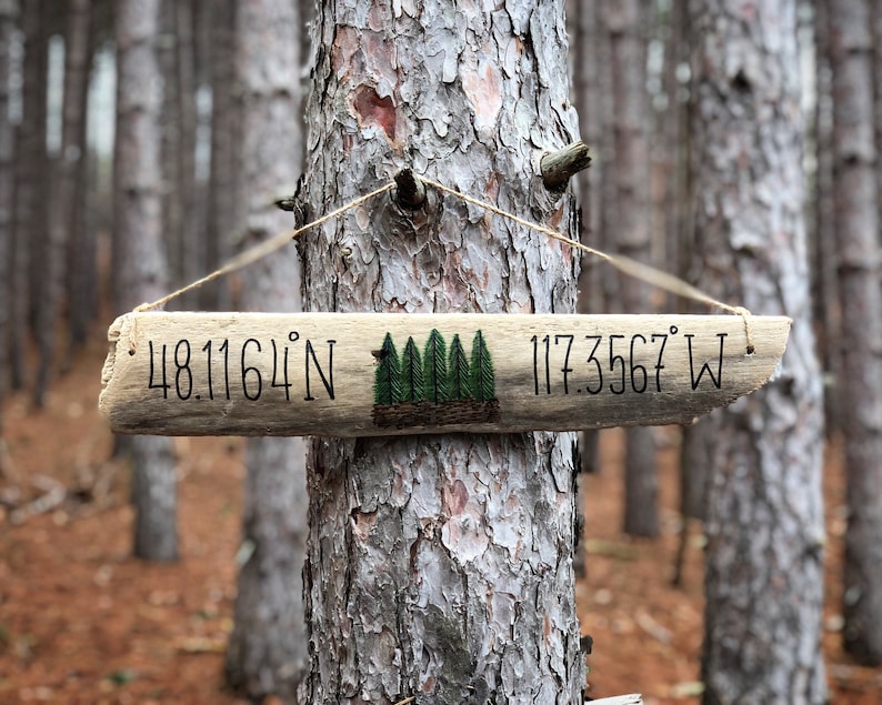 Forest Pine Tree Wood Coordinates Sign Driftwood Reclaimed | Etsy