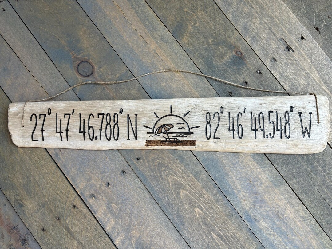 Coastal Beach Sunset Coordinates Driftwood Sign: Ocean, Lake, Beach ...
