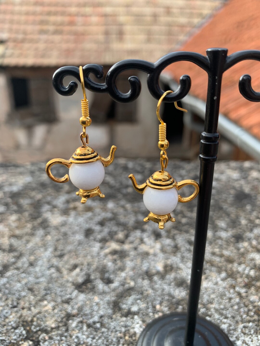 Gold Metal Earrings Small Teapot and White Natural Stone Pearl Kettle ...
