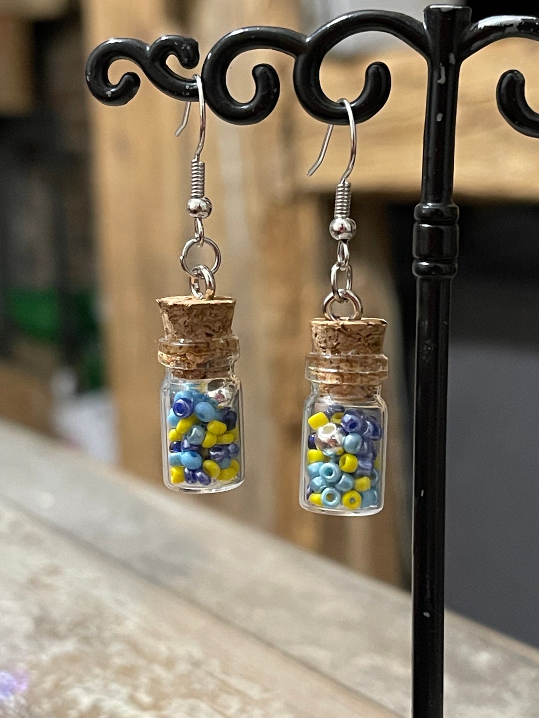 Small Wishing Vial Earrings, Glass Bottle and Blue-yellow Seed Beads - Etsy
