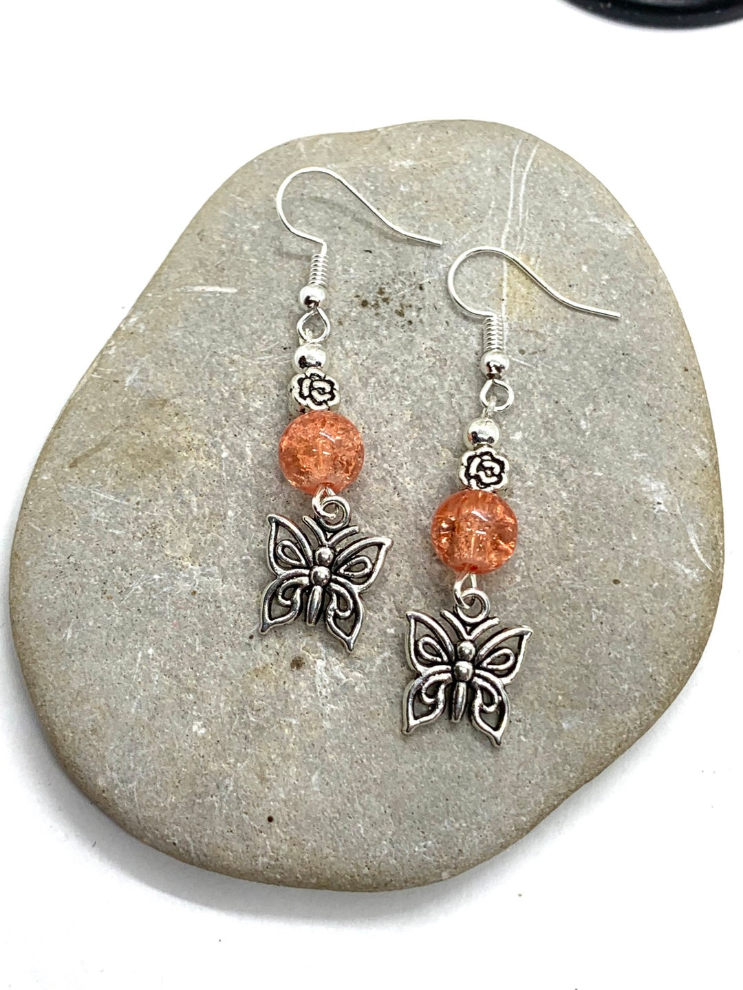Small Silver Butterfly and Cracked Orange Pearl Flower Earrings - Etsy