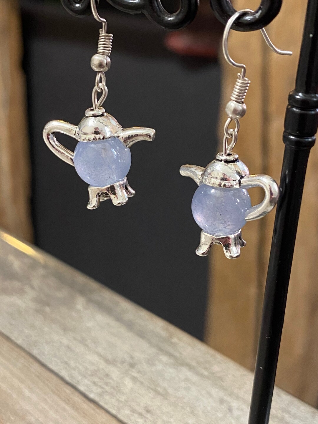 Metal Earrings Small Teapot and Pearl Natural Stone Light Blue Kettle ...