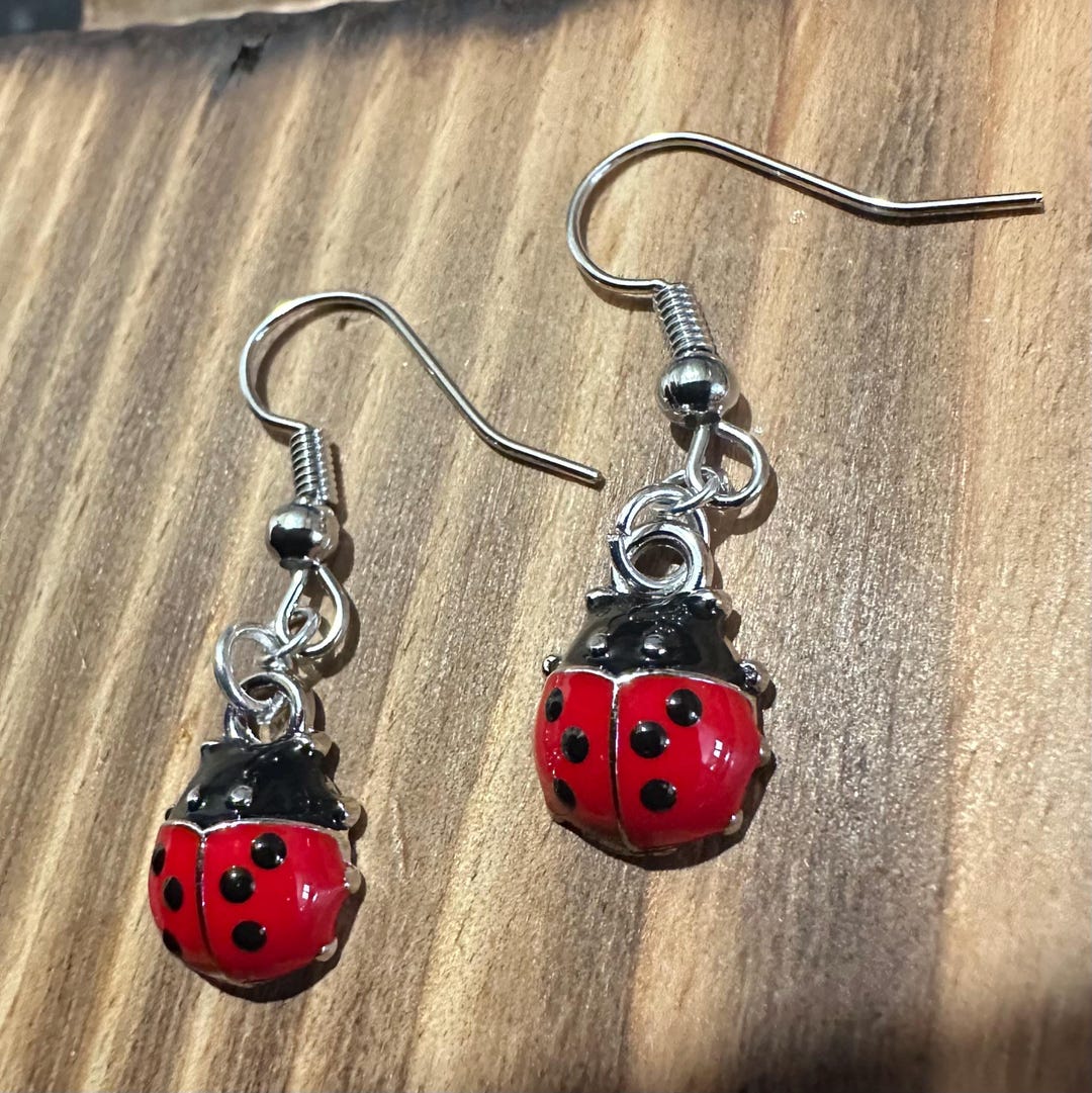 Silver-tone Metal Dangle Earrings Featuring a Small Red and Black ...