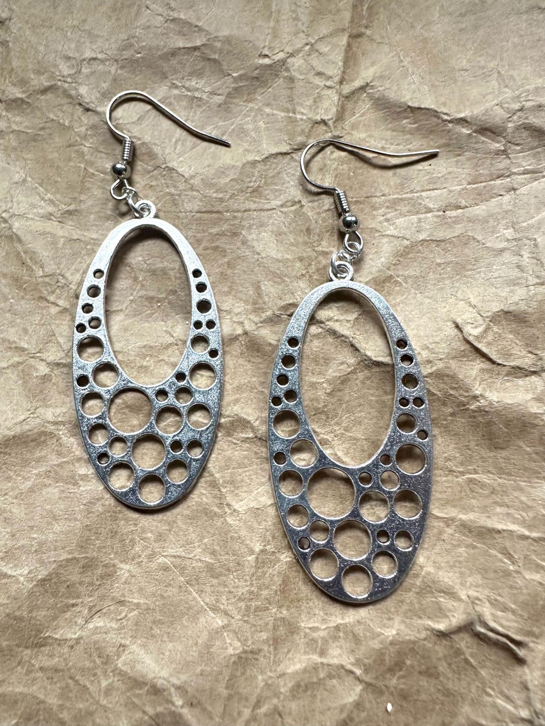 Silver Oval Perforated Creole Hoop Dangle Earrings - Etsy