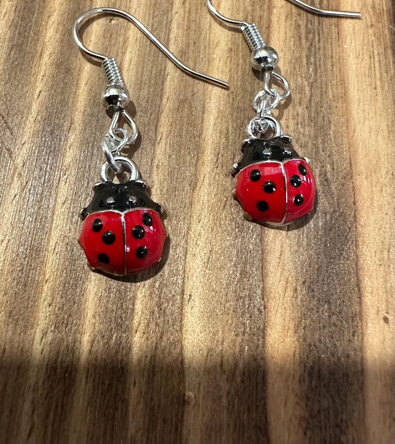 Small Red and Black Ladybug Silver Metal Dangling Earrings - Etsy