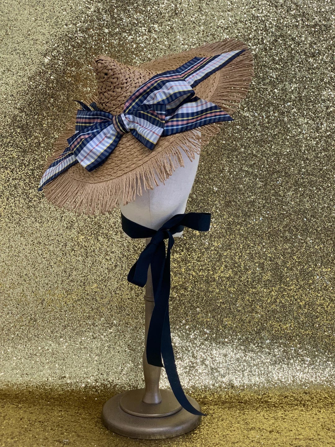 Vintage 1940s / 1950s Straw Style Conical Sun Hat With Vintage Ribbon ...