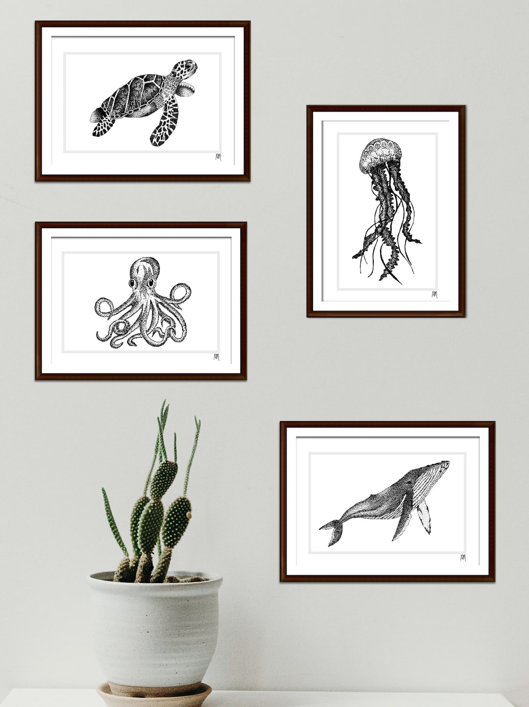 Stippled Marine Life Art Prints | Marine Animals | Turtle Art Print ...