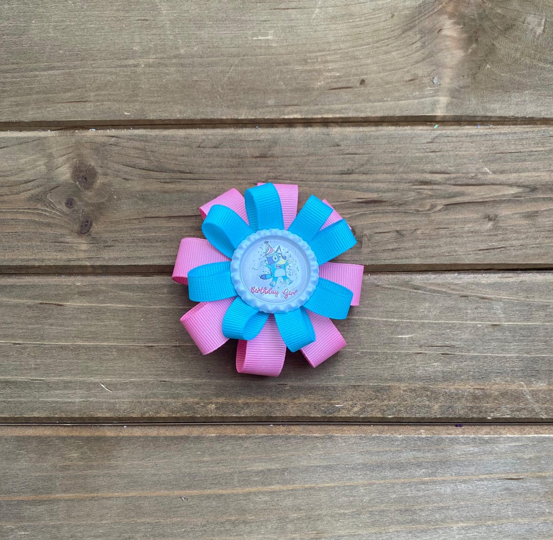 Bluey Birthday Girl Ribbon Loopy Stacked Hair Bow With Bluey Bottlecap ...