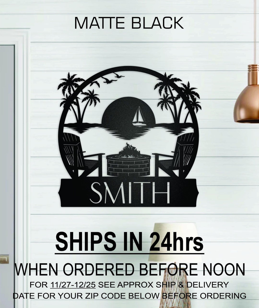 Personalized Beach Palm Tree Sunset Family Name Sign, Firepit Sandy ...