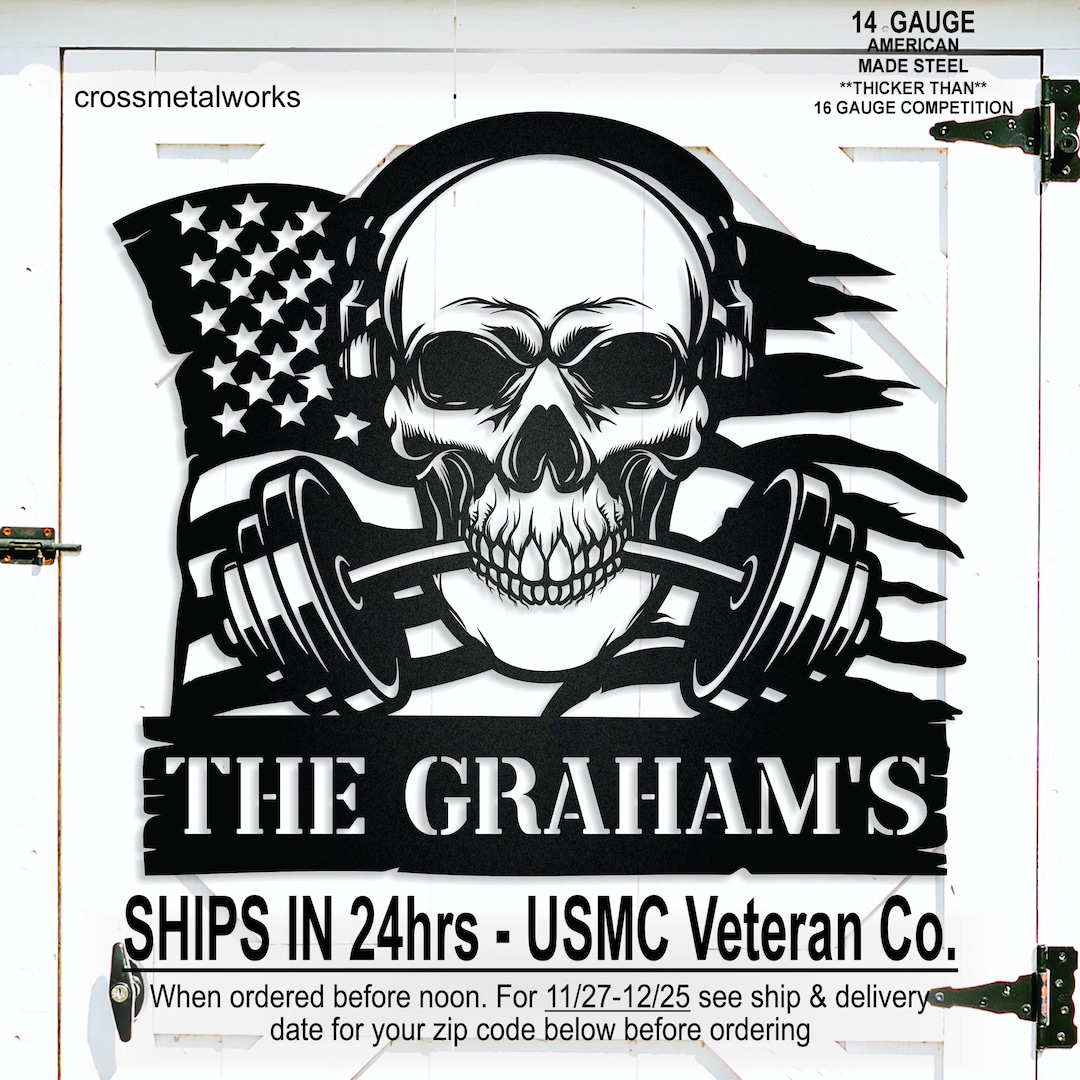 Personalized Skull and Barbell Gym Name Sign, American Flag, Custom ...