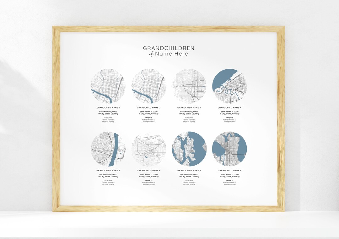 Birth City Maps for 8 Grandchildren, 16x20 Personalized Wall Art for ...