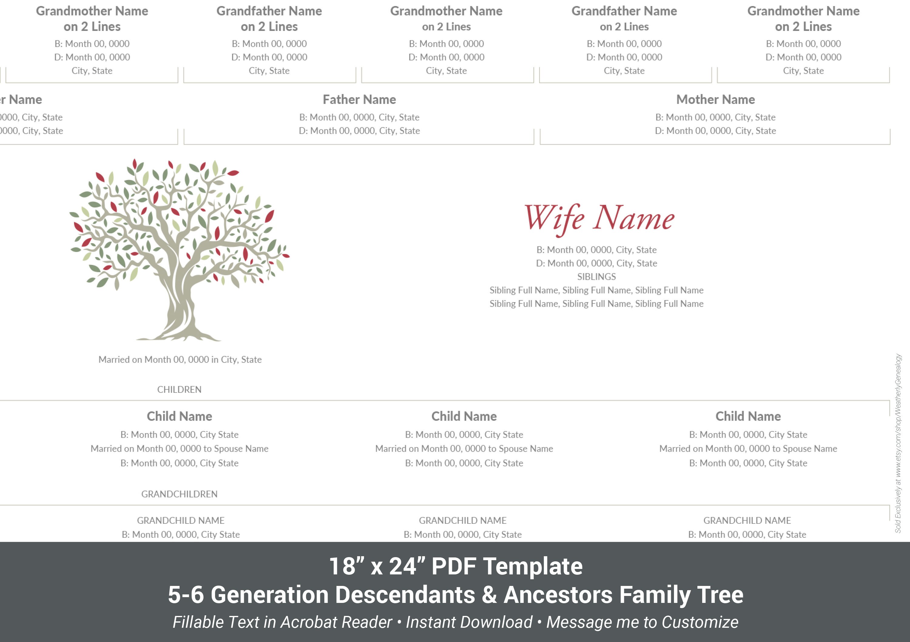 5 or 6 Generation Fillable Family Tree PDF Template - Etsy Canada