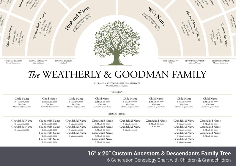 Modern Family Tree Fan Chart for 6 Generations of Ancestors and ...