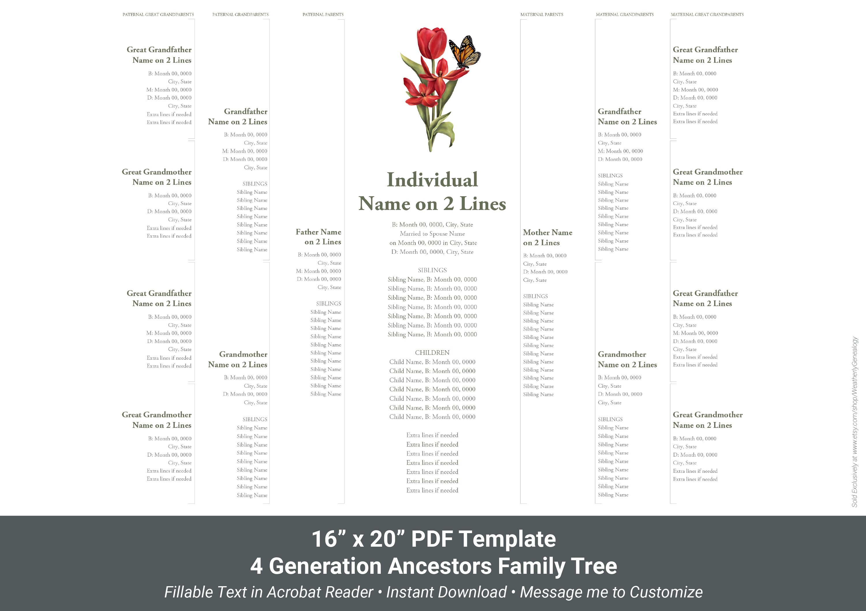 4 Generation Fillable Family Tree PDF Template Children & Grandchildren ...