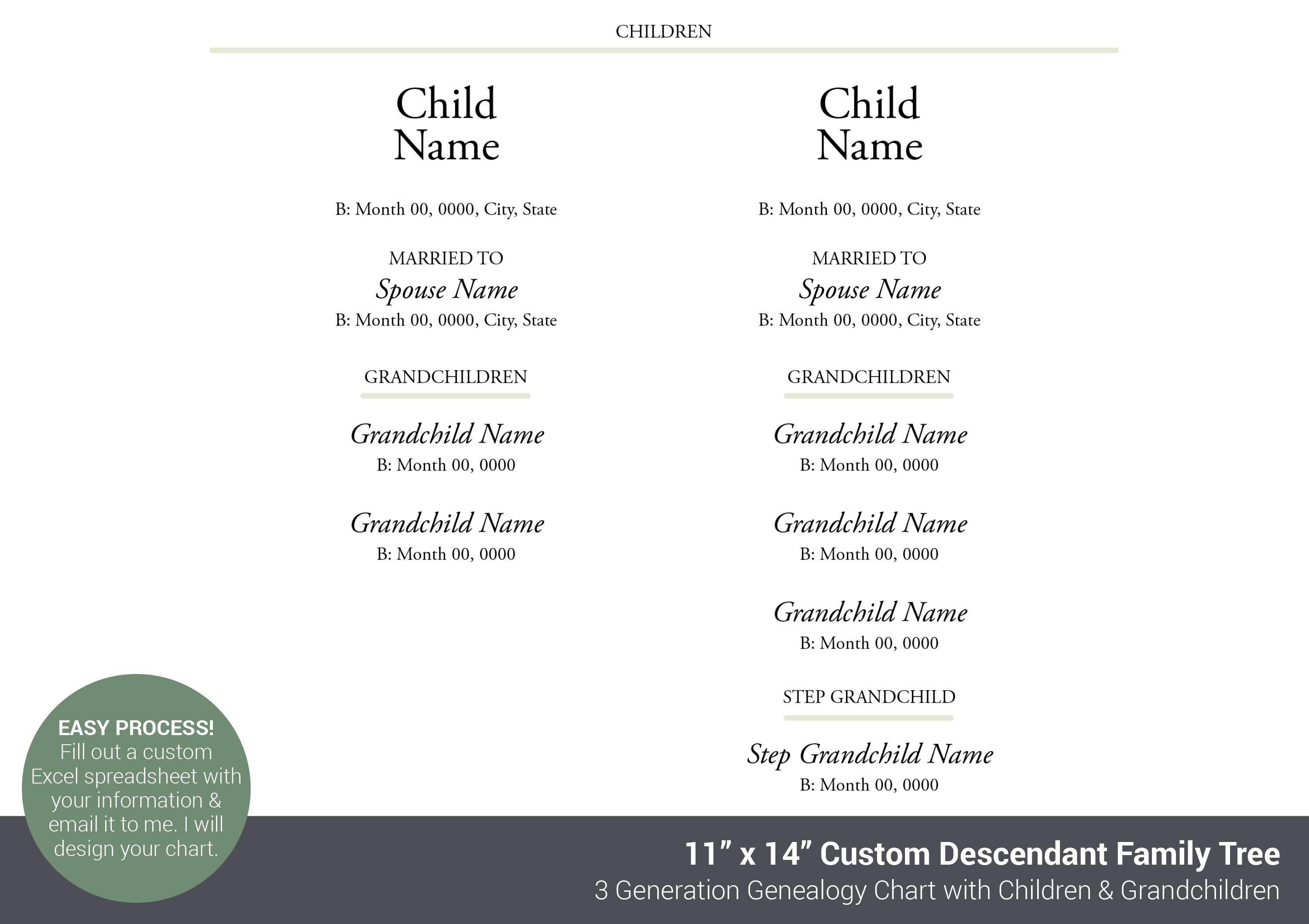 Descendant Family Tree, 11x14 Modern 3 Generation Genealogy Chart, up ...