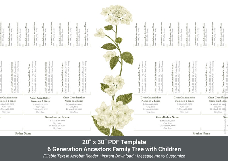 Family Tree Wall Decor, 6 Generation 20x30 Fillable PDF Genealogy Chart ...
