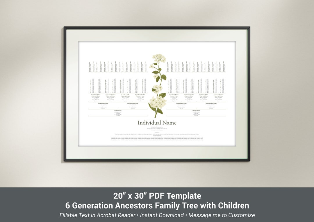 Family Tree Wall Decor, 6 Generation 20x30 Fillable PDF Genealogy Chart ...
