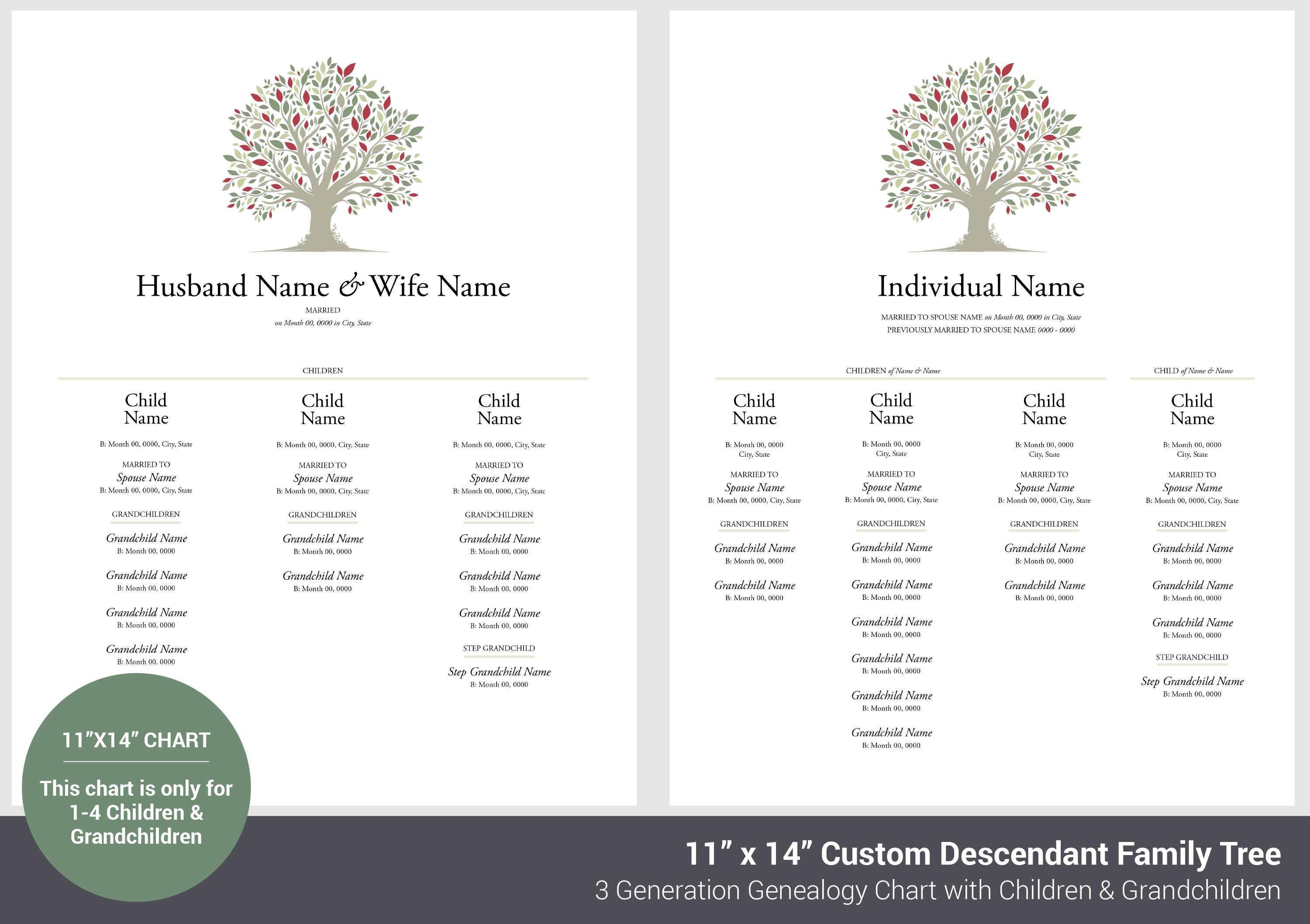 Descendant Family Tree, 11x14 Modern 3 Generation Genealogy Chart, up ...