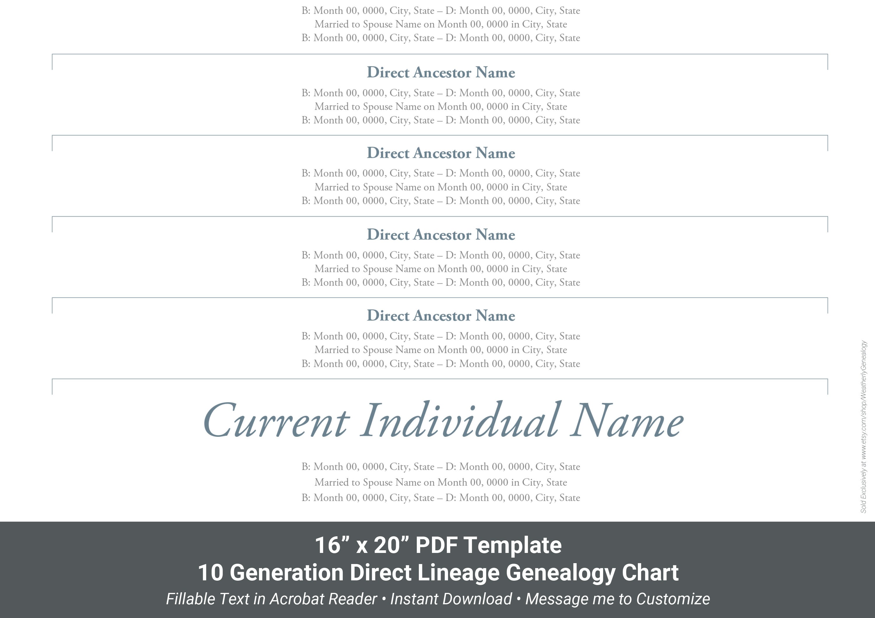 Direct Lineage Family Tree Template, 10 Generations, 16x20 Fillable PDF ...