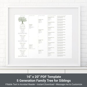 Genealogy Chart for Siblings, 5 Generations, 16x20 Fillable Family Tree ...