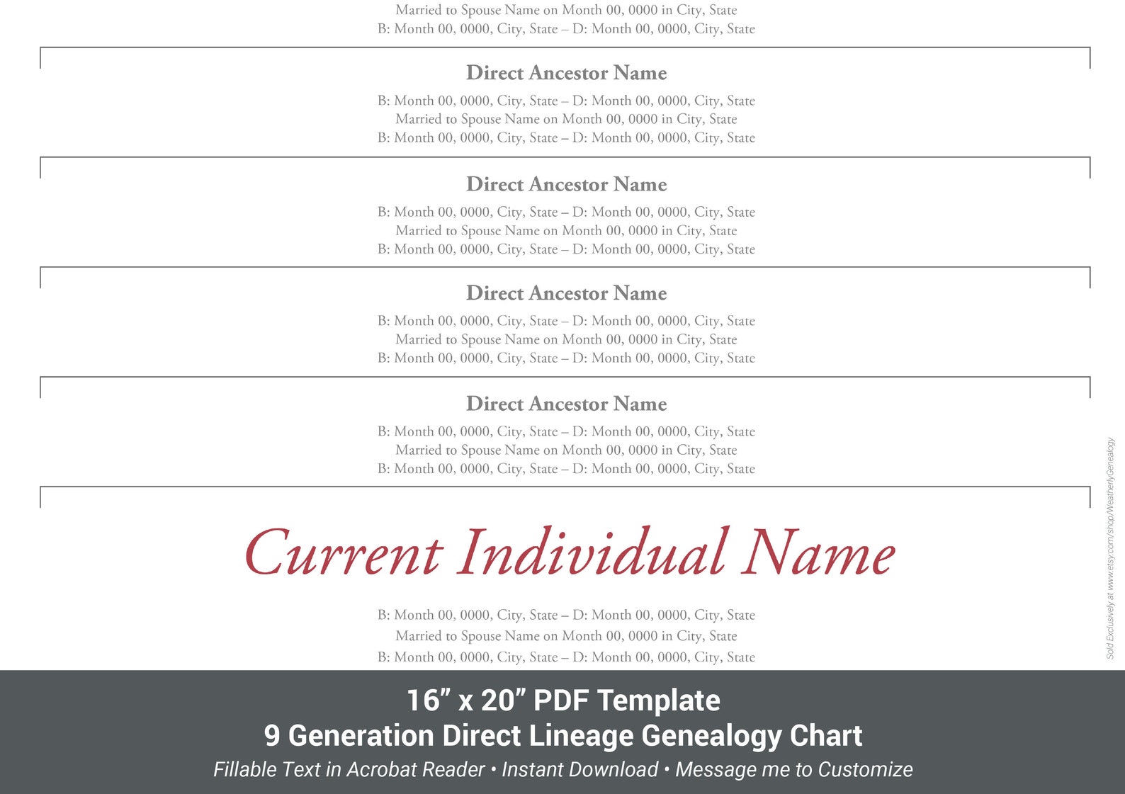 Direct Line Family Tree Template, 9 Generation 16x20 Fillable PDF ...