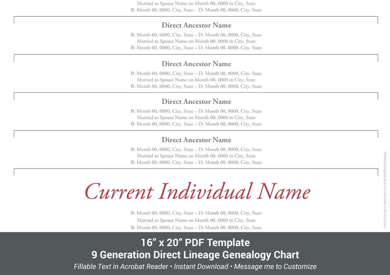 Direct Line Family Tree Template, 9 Generation 16x20 Fillable PDF ...
