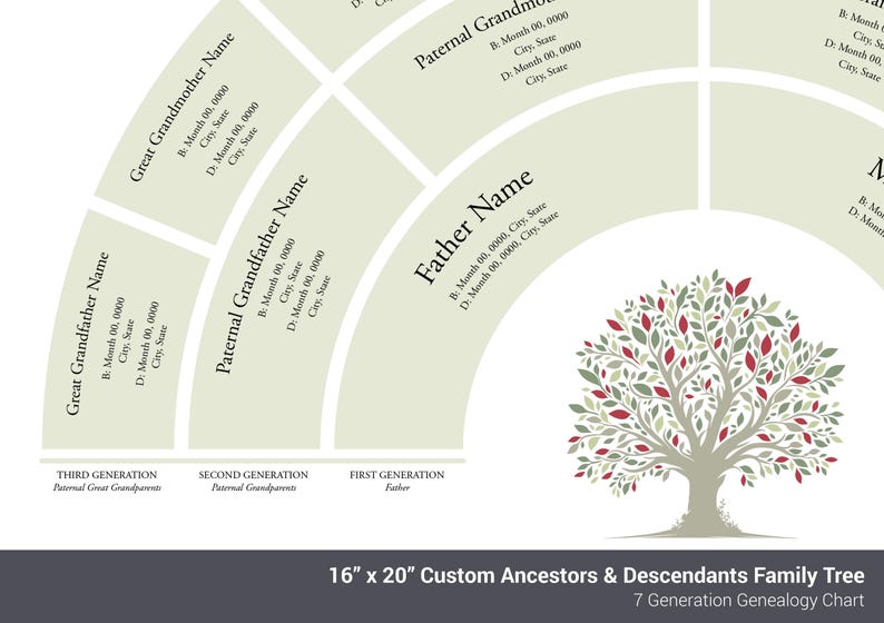 Modern Descendant Family Tree Fan Chart, 16"x20" Custom Genealogy Wall ...