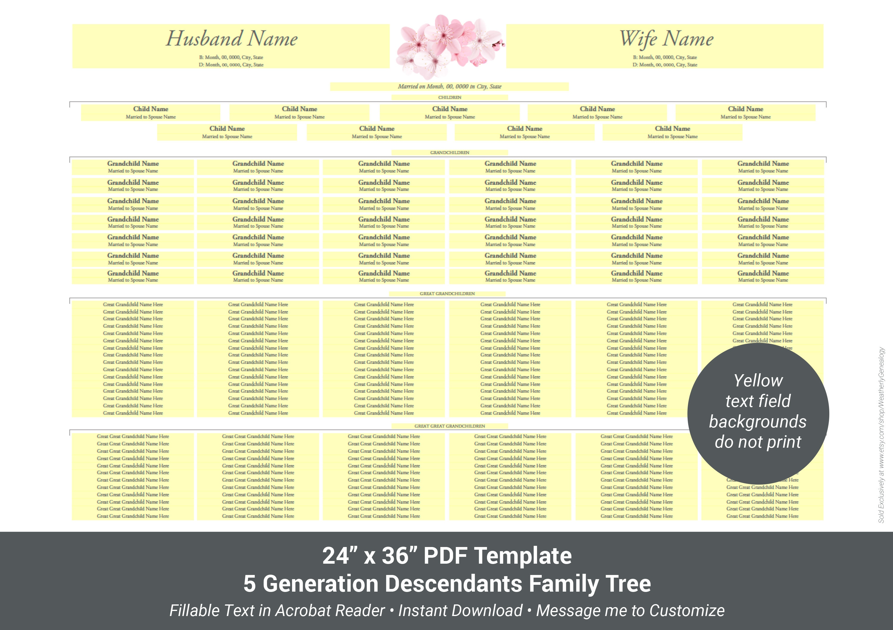 Descendant Family Tree Template, 5 Generations, Fillable 24x36 Acrobat ...