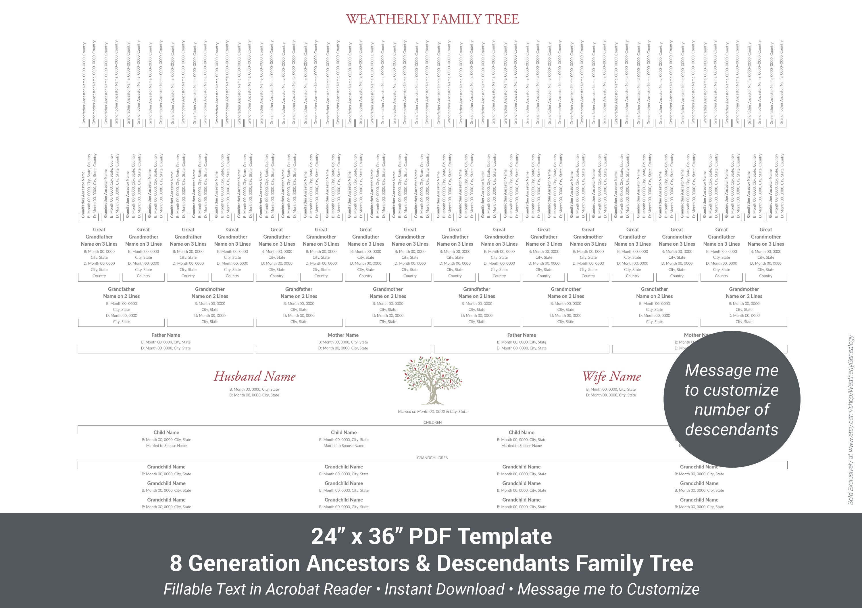 8 Generation Family Tree Wall Decor, 24x36 Fillable Acrobat PDF ...
