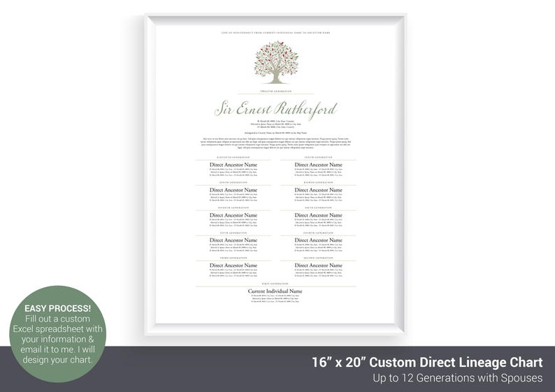 Direct Lineage Pedigree Genealogy Chart, 16"x20" up to 12 Generations ...