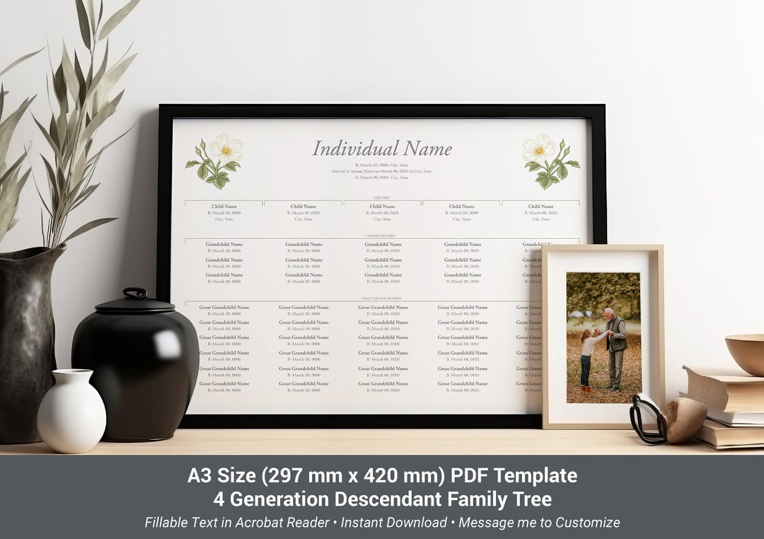 A3 Size, Descendant Family Tree Template, 4 Generation Fillable ...