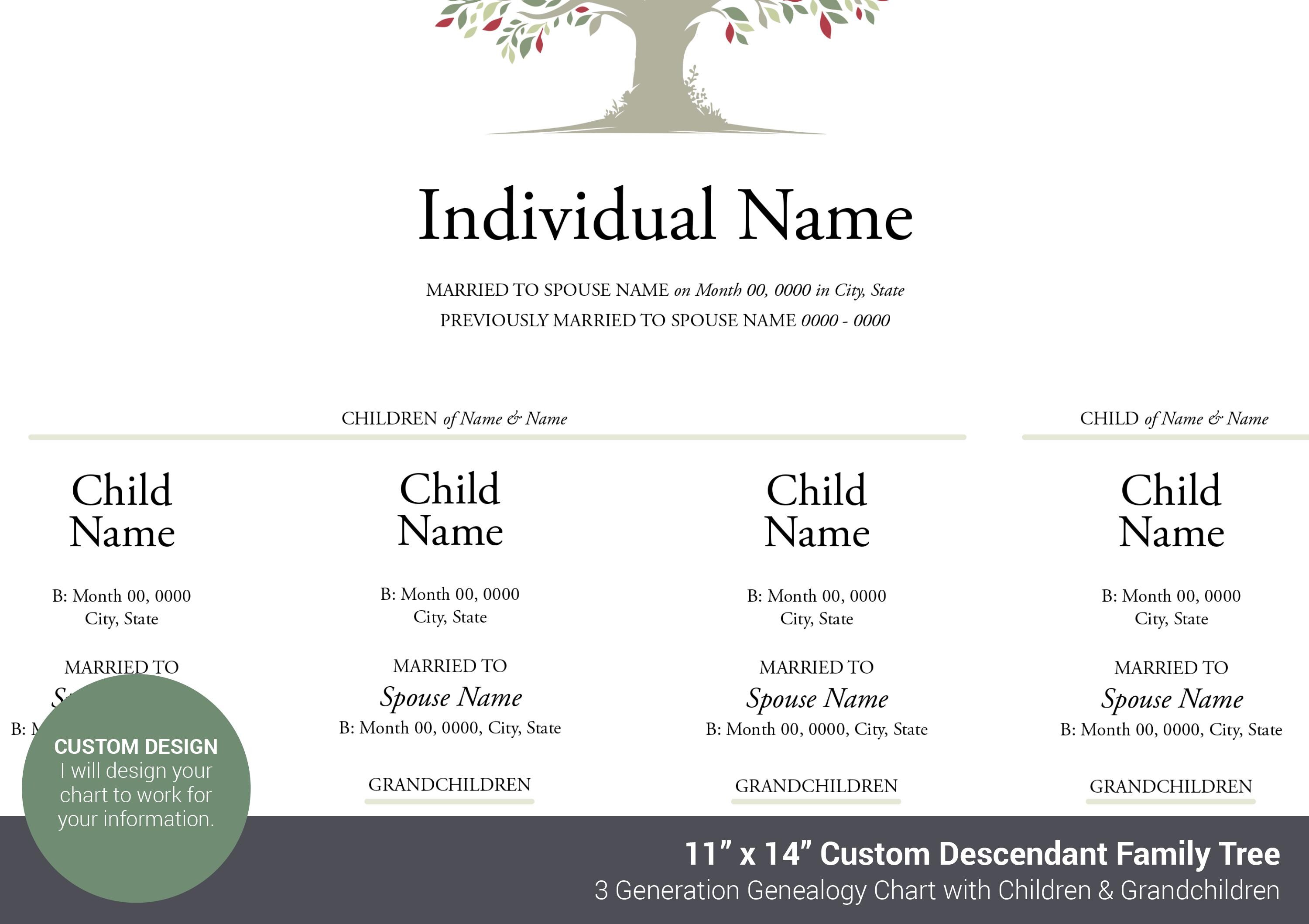 Descendant Family Tree, 11x14 Modern 3 Generation Genealogy Chart, up ...