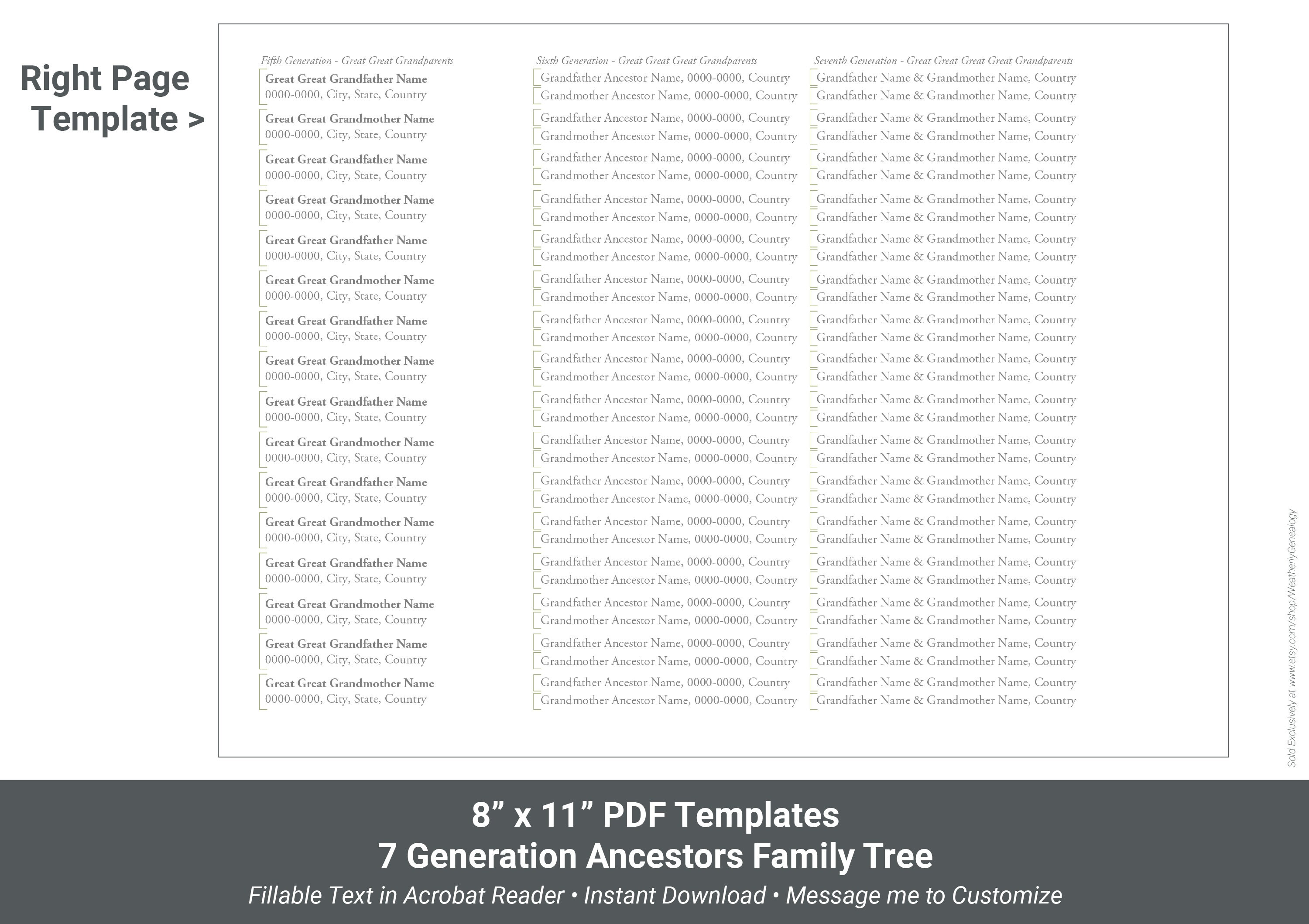 Family Tree Template for 8x11 Photo Book, 7 Generation Fillable PDF ...