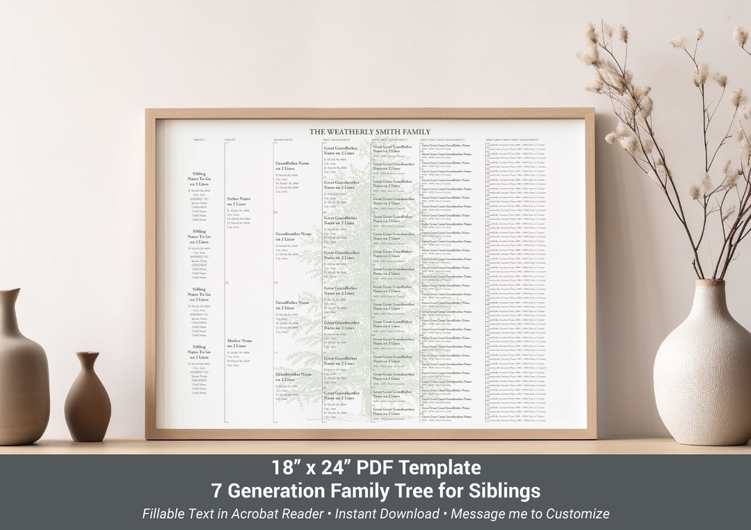 Family Tree Template for Siblings, 7 Generation 18x24 Fillable Acrobat ...