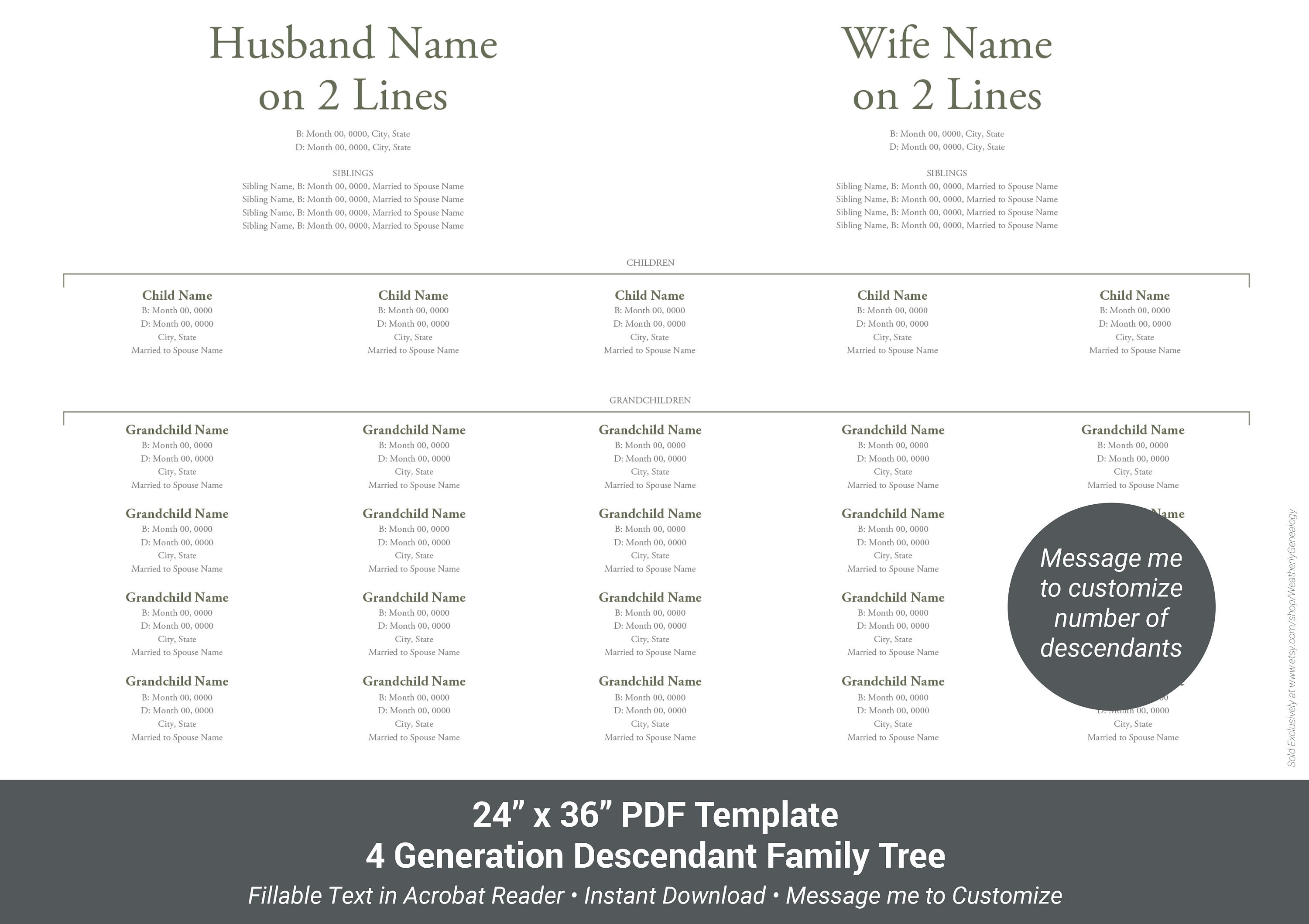 Descendant Family Tree Wall Decor, 4 Generations, 24x36 Fillable ...