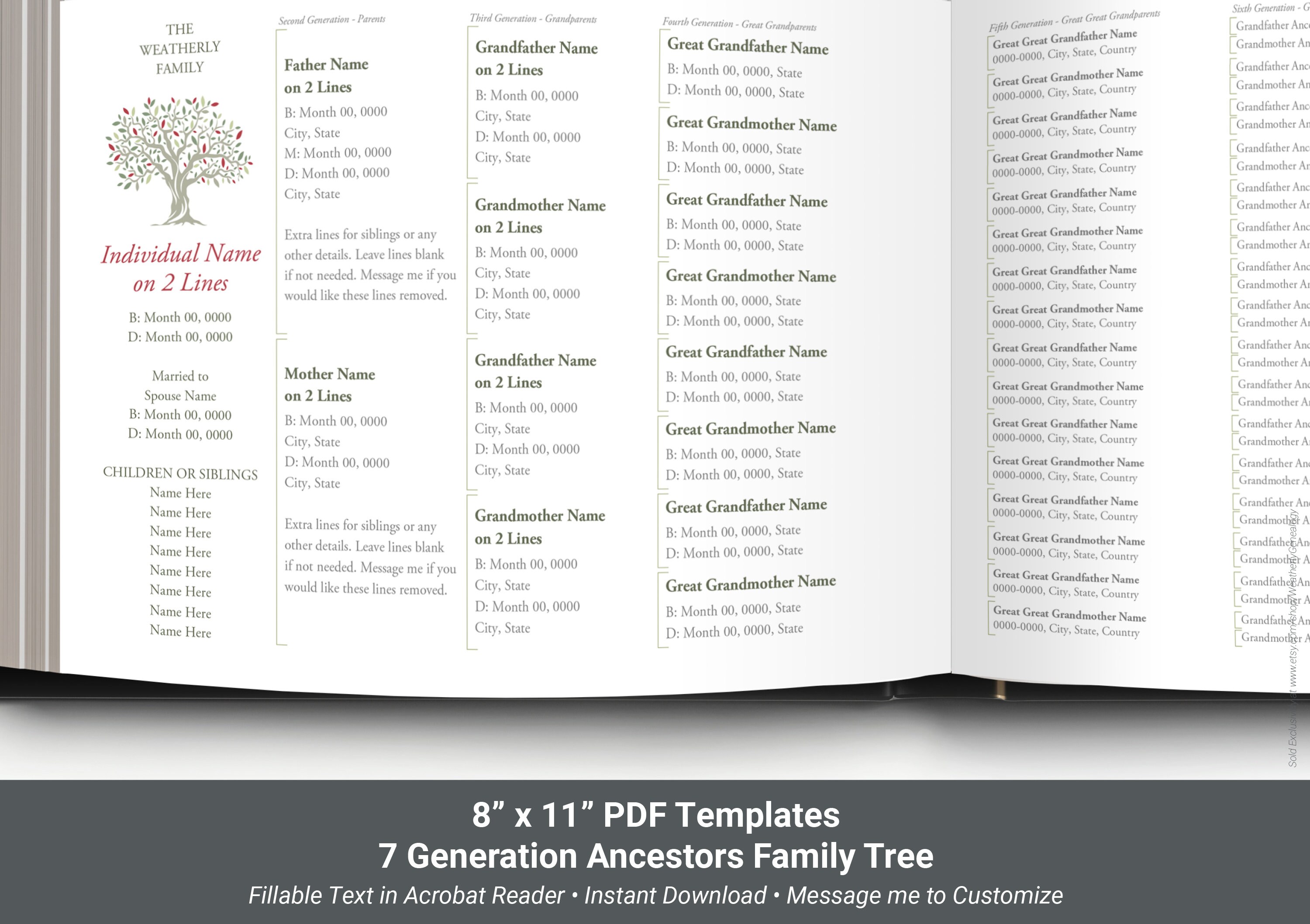 Family Tree Template for 8x11 Photo Book, 7 Generation Fillable PDF ...