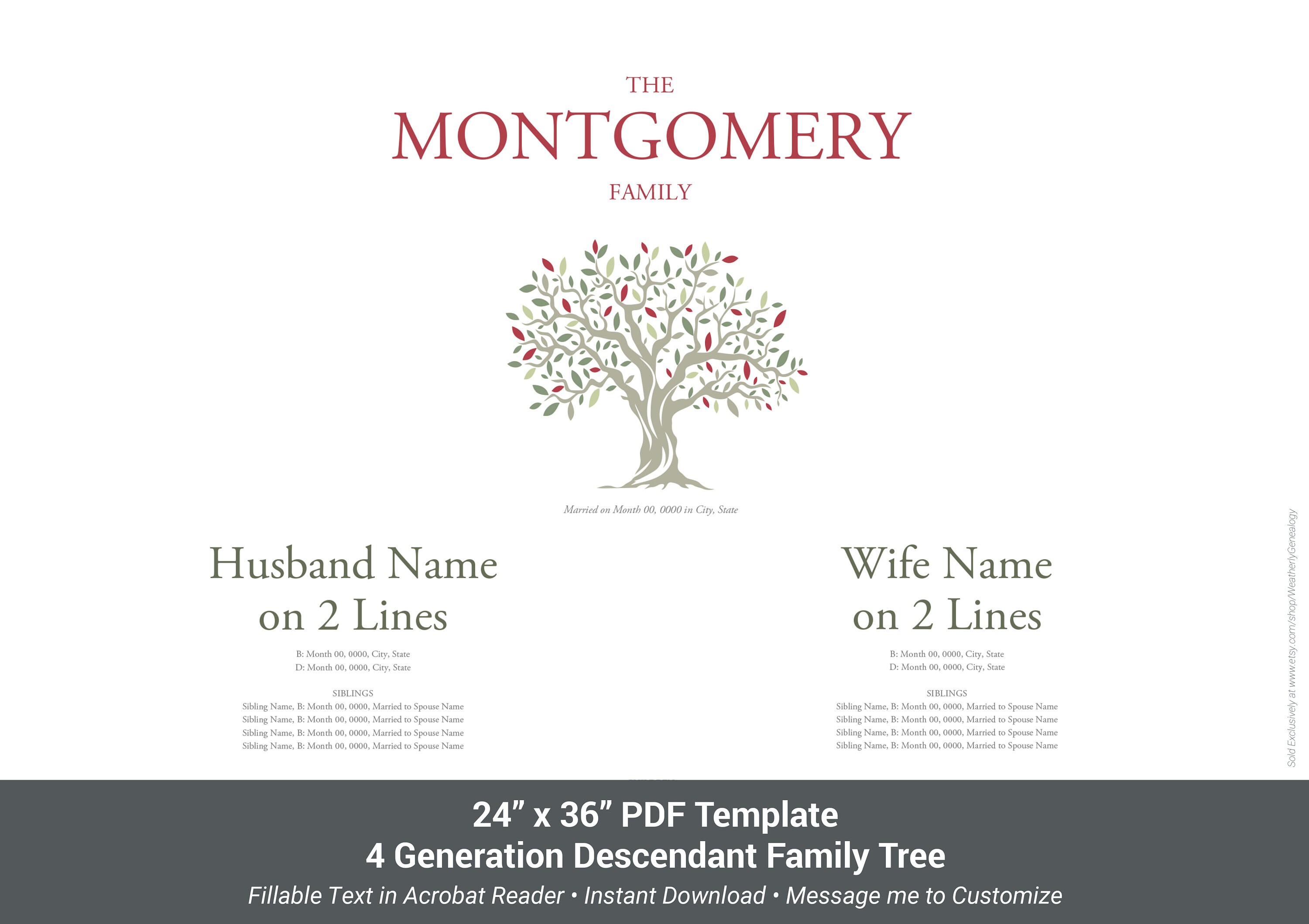 Descendant Family Tree Wall Decor, 4 Generations, 24x36 Fillable ...