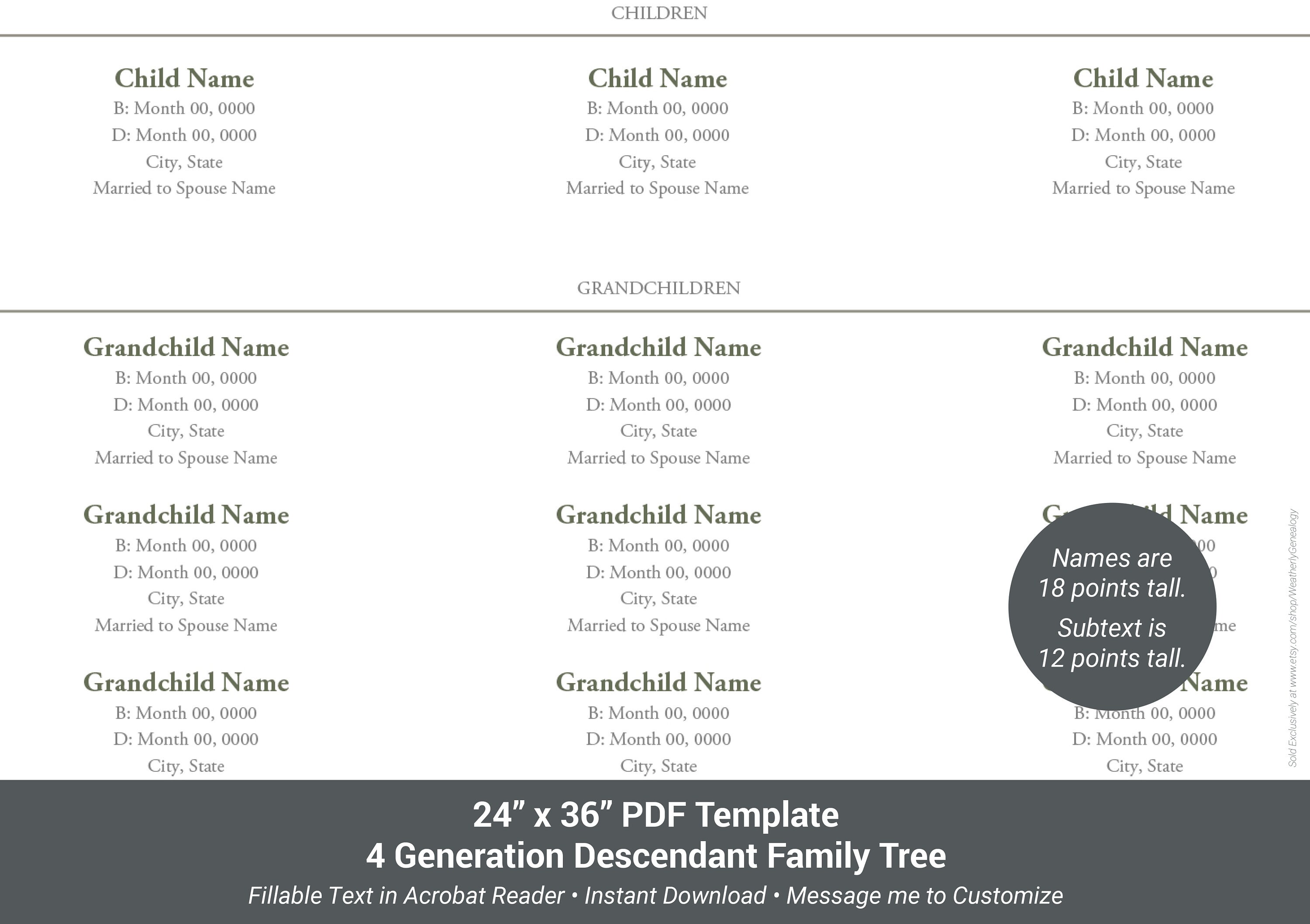 Descendant Family Tree Wall Decor, 4 Generations, 24x36 Fillable ...