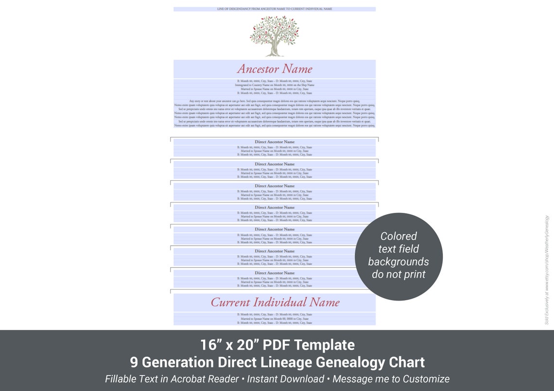Direct Line Family Tree Template, 9 Generation 16x20 Fillable PDF ...