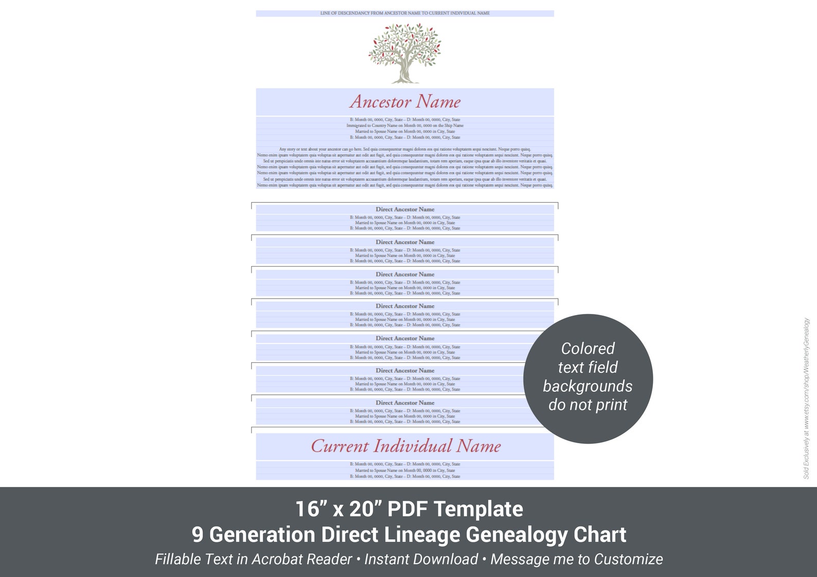 Direct Line Family Tree Template, 9 Generation 16x20 Fillable PDF ...