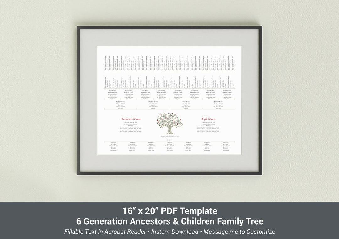 Family Tree Digital Print, 6 Generation Fillable PDF Template With ...