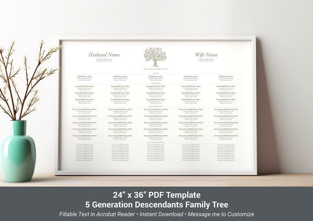 Family Tree Art, 5 Generation Descendant Template, 24x36 Fillable PDF ...