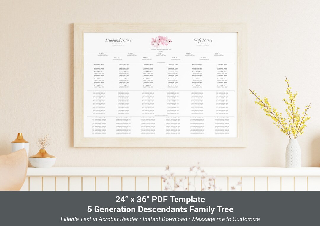 Descendant Family Tree Template, 5 Generations, Fillable 24x36 Acrobat ...