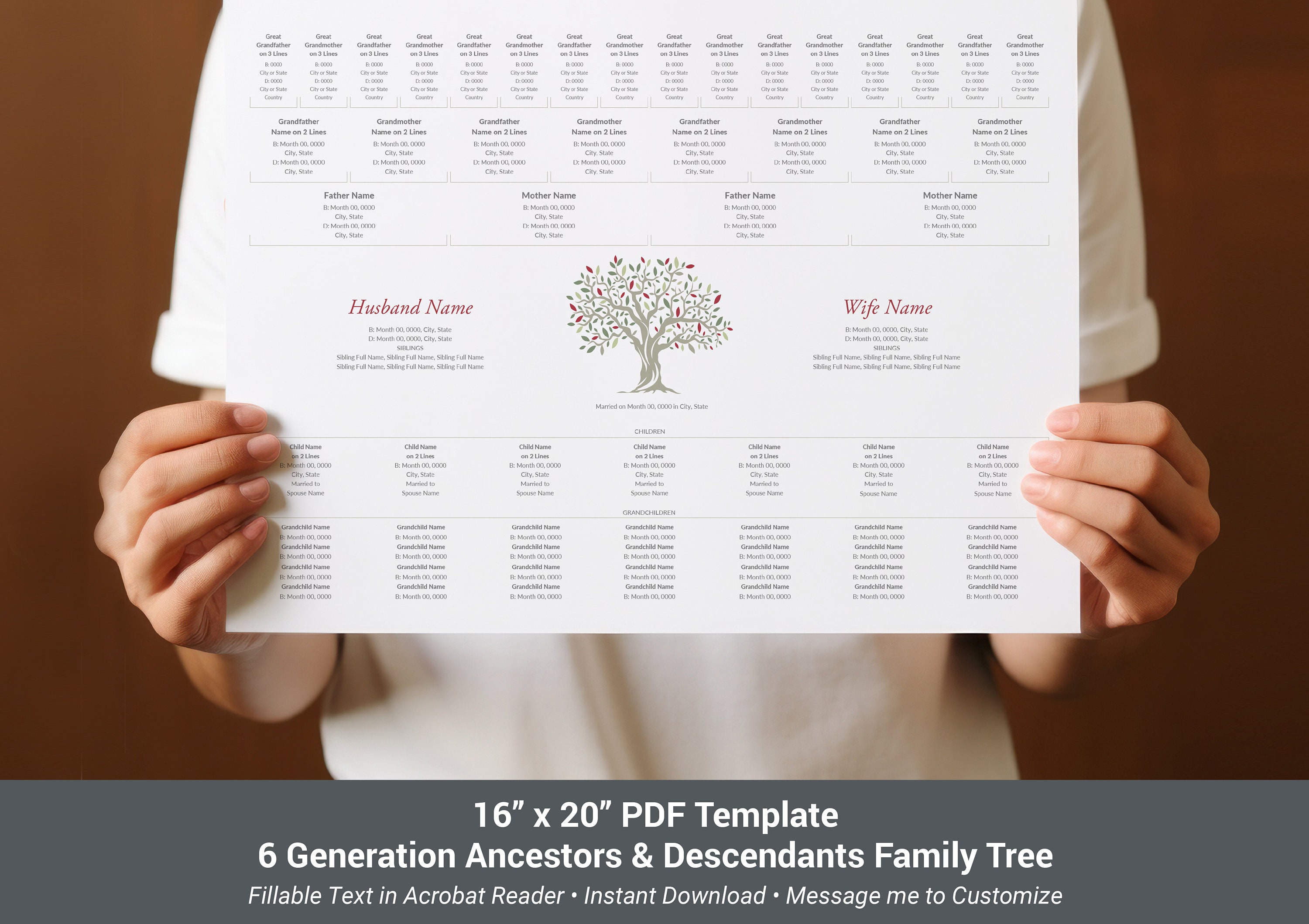 Family Tree Wall Art, 6 Generation Fillable PDF Template With ...