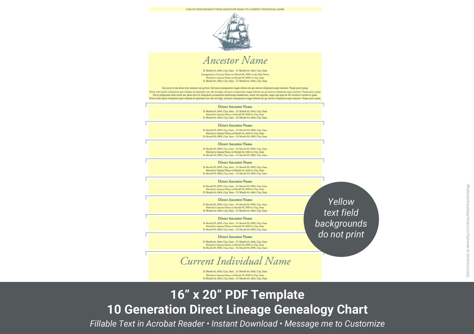 Direct Lineage Family Tree Template, 10 Generation 16x20 Fillable PDF ...