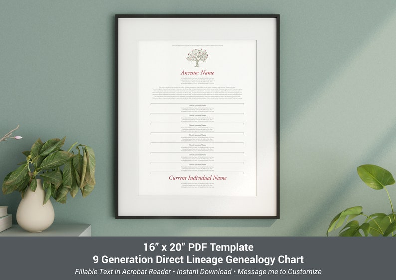 Direct Line Family Tree Template, 9 Generation 16x20 Fillable PDF ...